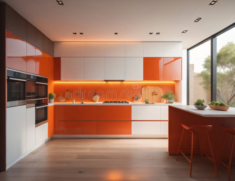 Modern Kitchen Design with Orange Color and Equipped with Glass Walls ...