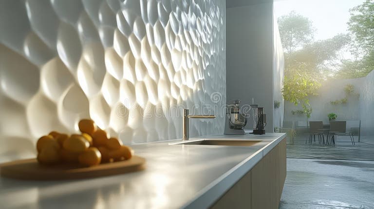 Modern Kitchen Design: Pebble Wall & Garden View Stock Image - Image of ...