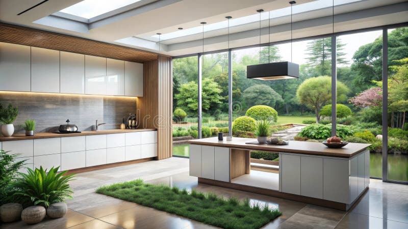 Modern Kitchen Design with Serene Garden Views and Lush Indoor Greenery ...