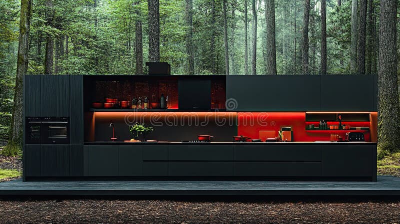 Modern Kitchen Design Set Against a Serene Forest Backdrop with Vibrant ...