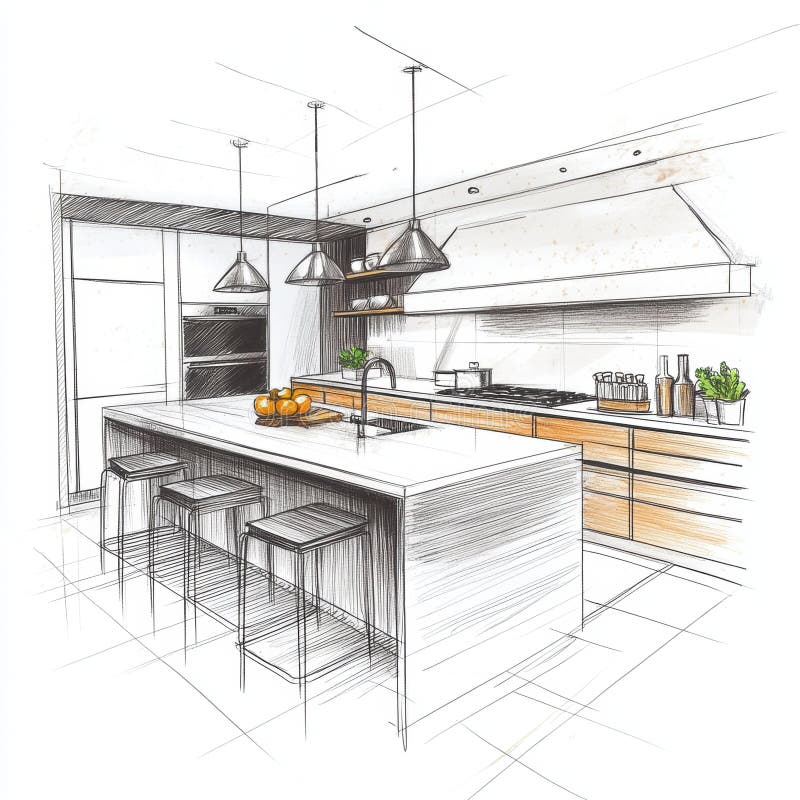 Modern Kitchen Design Sketch Featuring a Spacious Island and Bar Stools ...