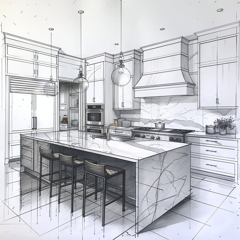 Modern Kitchen Design Sketches and 3D Renderings, Showcasing Innovative ...