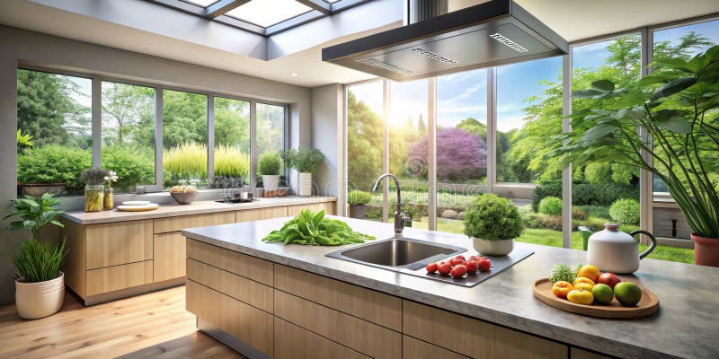 Modern Kitchen Design with Sunlit Garden Views and Island. Generative ...