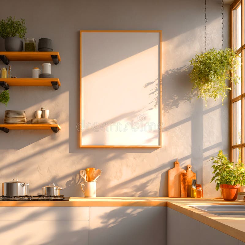 Modern Kitchen Design Sunlit Interior with Wooden Accents Empty Frame ...