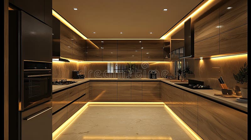 Modern Kitchen Design, U-shaped Layout, Warm Lighting, Island, Home ...