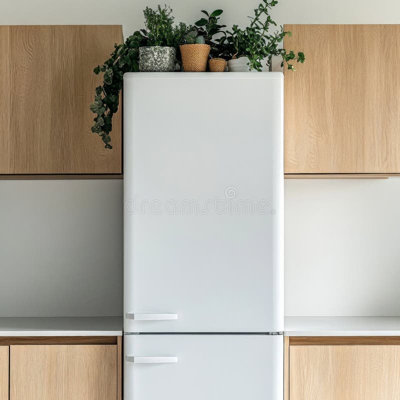 Modern Kitchen Design with White Refrigerator and Wooden Cabinets Stock ...