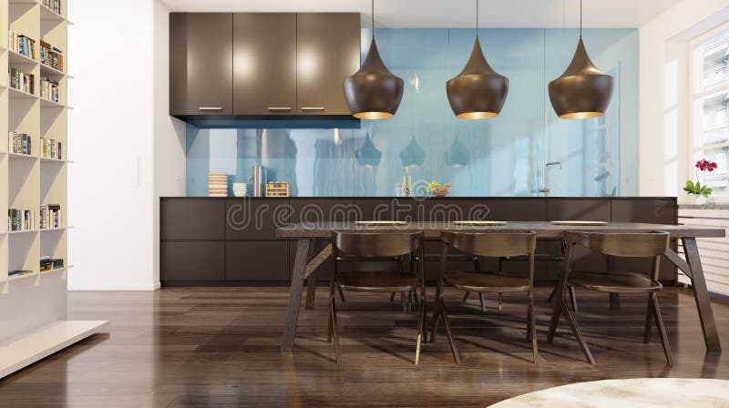 3d Render of Modern Kitchen with Dining Area Stock Illustration ...