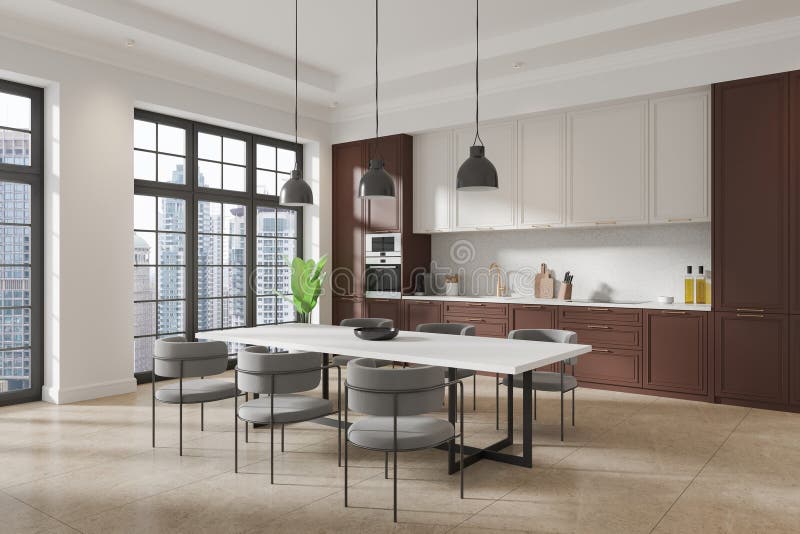 Modern Kitchen with Dining Area and Large Windows. 3D Rendering Stock ...
