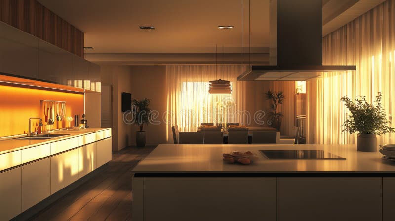 Modern Kitchen Interior with Island and Dining Area Bathed in Warm ...