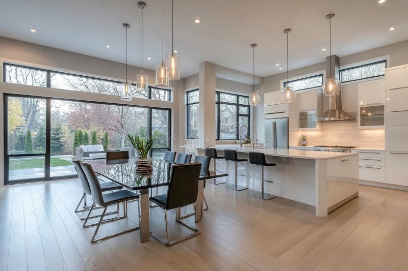 Modern Kitchen and Dining Area with Large Windows and Contemporary ...