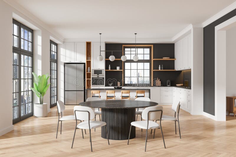 Modern Kitchen with Dining Area and Large Windows. 3D Rendering Stock ...