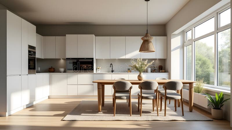 Modern Kitchen Dining Area with Large Windows. Stock Illustration ...