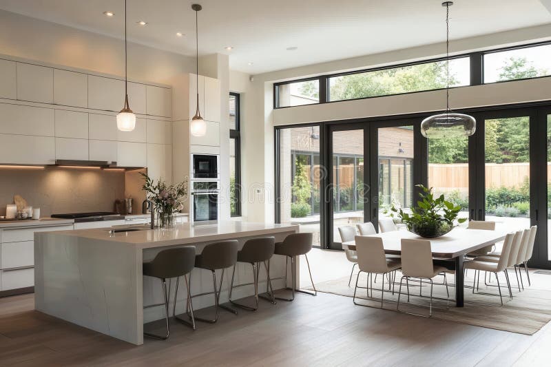 Modern Kitchen and Dining Area with Large Windows and Minimalist Design ...