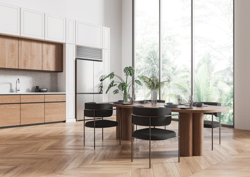 Modern Kitchen and Dining Area with Large Windows and Natural Light. 3D ...