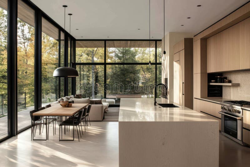 Modern Kitchen and Dining Area with Large Windows Overlooking Nature ...