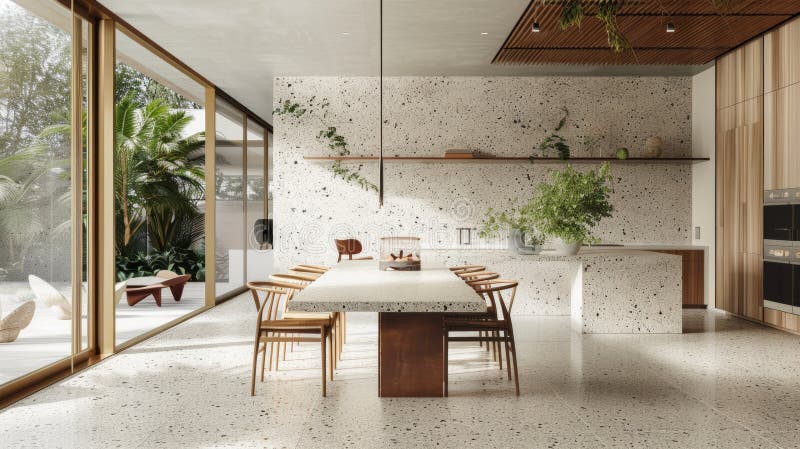 Modern Kitchen Dining Area with Terrazzo Flooring and Patio Views Stock ...