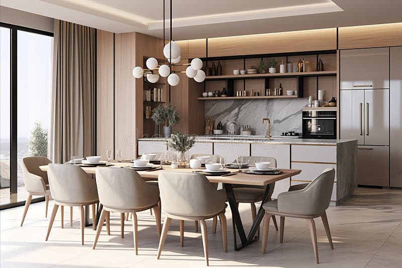 Modern Kitchen-dining Room with Dining Table, Refrigerator, Kitchen Line, and Sink Stock ...