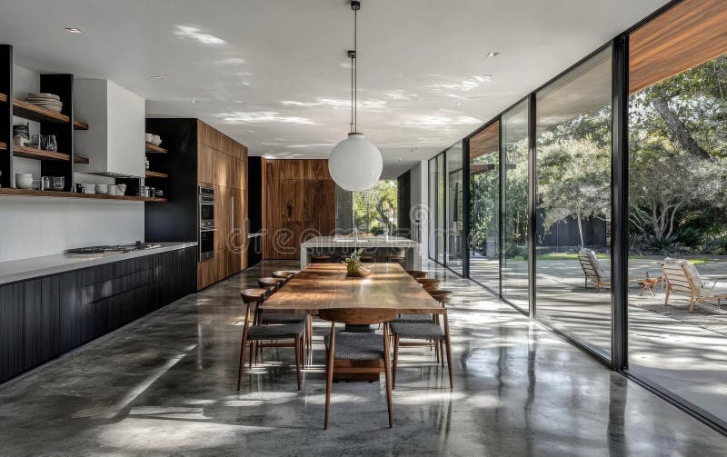 Modern Kitchen with Dining Table and Large Windows Overlooking a Green ...