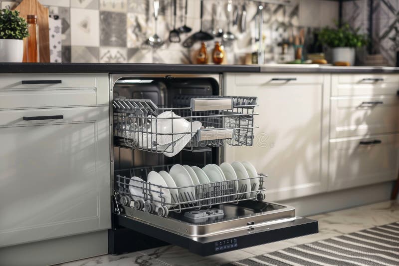 Modern Kitchen Dishwasher with Used White Dishes Prepared for Washing ...