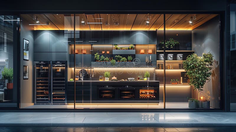 Modern Kitchen Display Window at Night Stock Image - Image of luxurious ...
