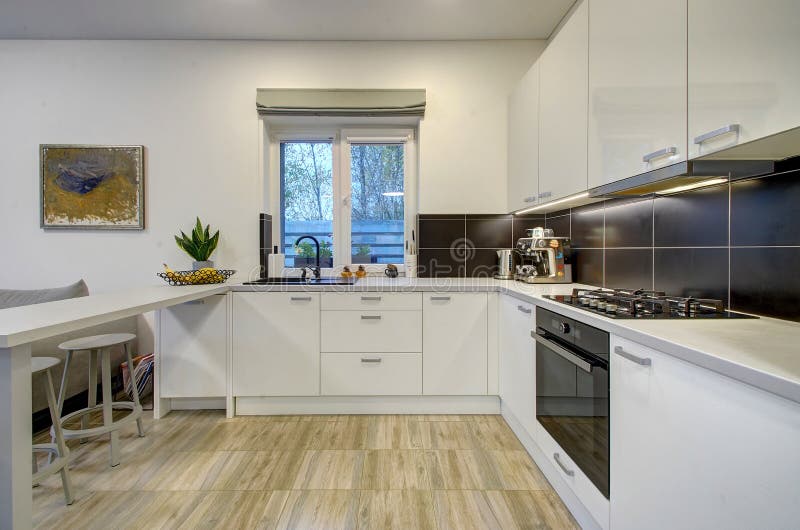 Modern Spacious Clear Light Kitchen Interior Stock Image - Image of ...