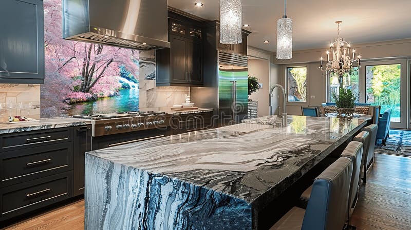 Modern Kitchen with Elegant Design and Scenic Nature View Stock ...