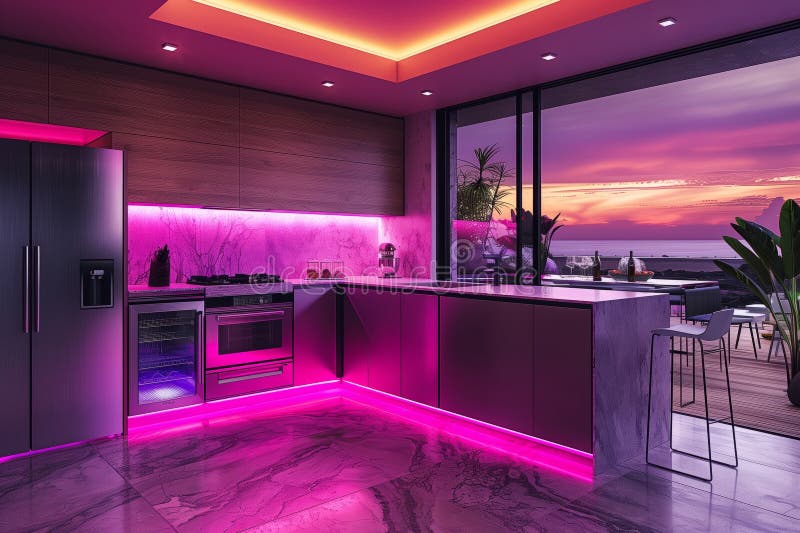 A Modern Kitchen Enhanced with Vibrant LED Lighting Offers an Exquisite ...