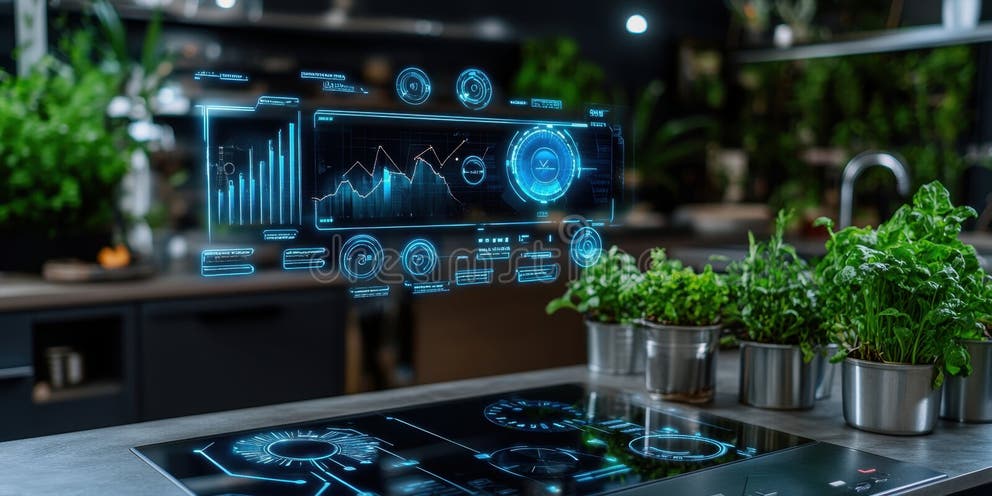 Smart Kitchen Technology Futuristic Cooking with Data Visualization ...