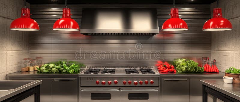 A Modern Kitchen Equipped with Stainless Steel Appliances and Red ...