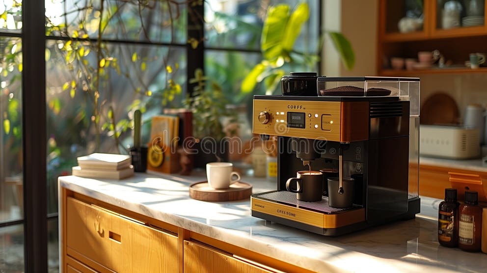Modern Kitchen Espresso Machine with Sunlight Streaming through Window ...