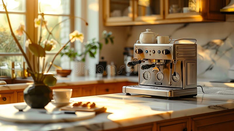 Modern Kitchen Espresso Machine with Sunlight Streaming through Window ...