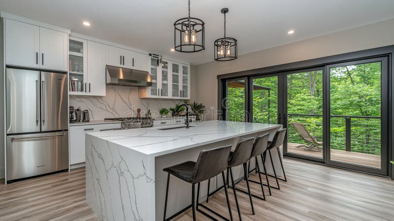 Modern Kitchen with Expansive Views Stock Illustration - Illustration ...