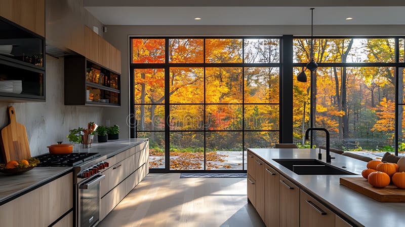 Modern Kitchen with Expansive Windows Showcasing Autumn Foliage Stock ...