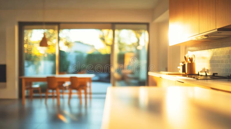 A Bright and Airy Modern Kitchen with Warm Sunlight and Softly Blurred ...