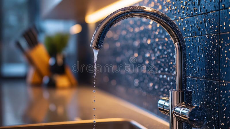Modern Kitchen Faucet with Water Dripping in a Clean Kitchen. Stock ...