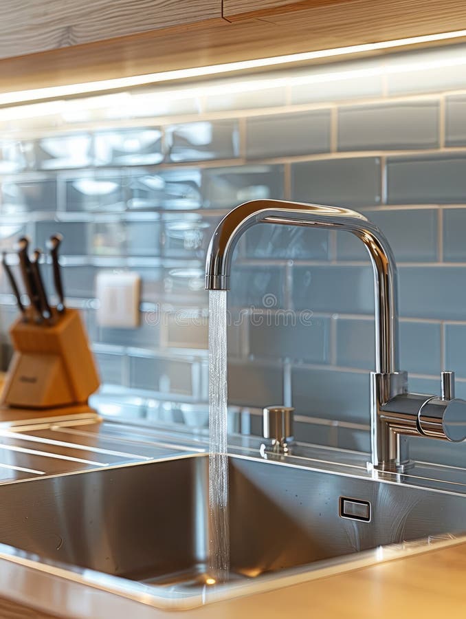 Modern Kitchen Faucet with Water Flowing into the Sink. Stock Photo ...
