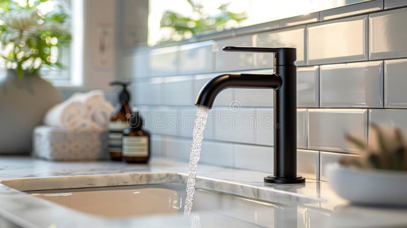 Modern Kitchen Faucet with Water Flowing, Tiled Wall, Countertop. Stock ...