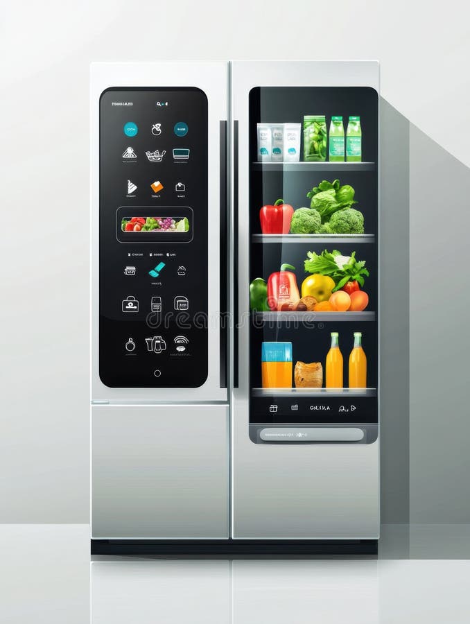 Futuristic Smart Refrigerator with Grocery Order Screen Showcasing a ...