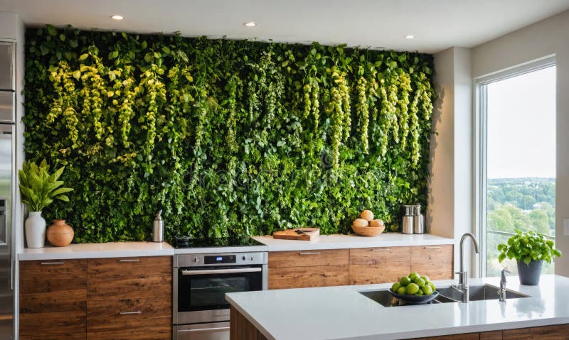 A Modern Kitchen Features a Large Green Wall Behind the Countertops and ...
