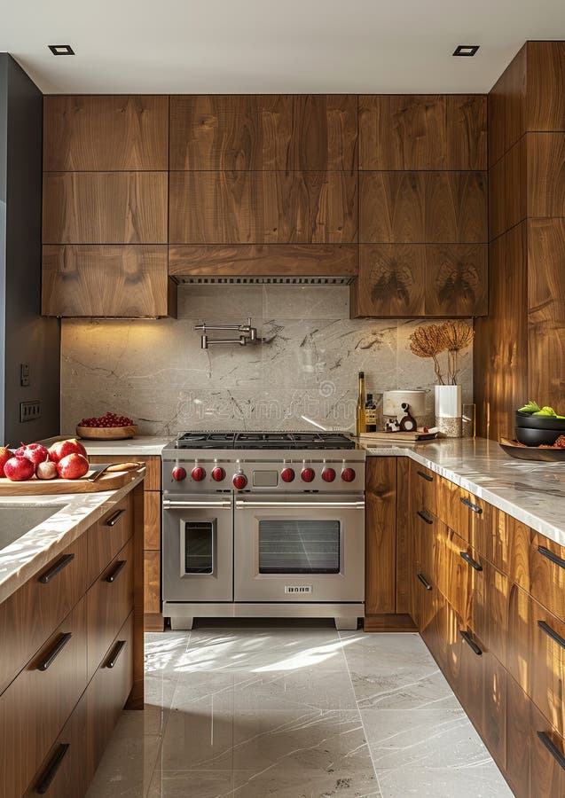 Modern Kitchen Features Walnut Cabinets Stock Photo - Image of bureau ...