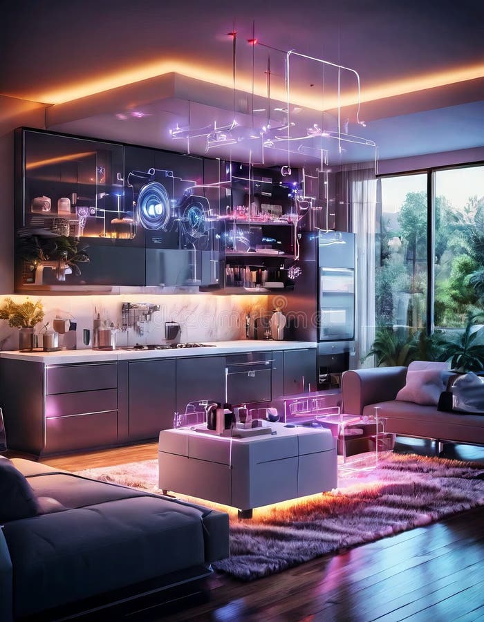 Futuristic Smart Kitchen with Holographic Technology Interface Stock ...