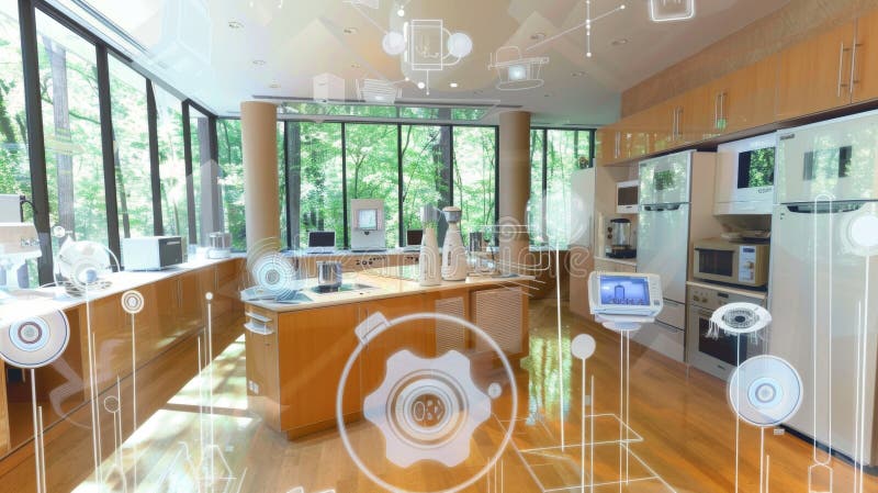 A Modern Kitchen Featuring Advanced Smart Appliances with Large Windows ...