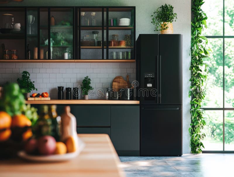 Kitchen with Black Fridge and Wooden Table Stock Photo - Image of ...