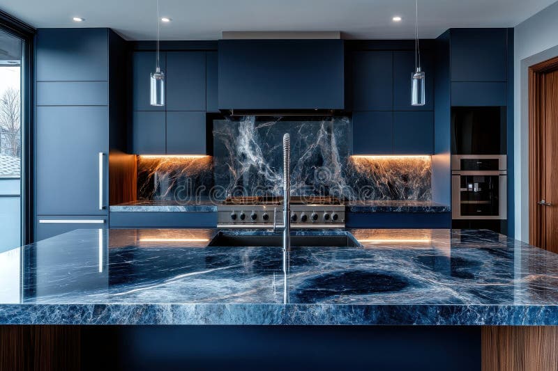 Modern Kitchen Featuring Dark Cabinetry and Stunning Marble Countertops ...
