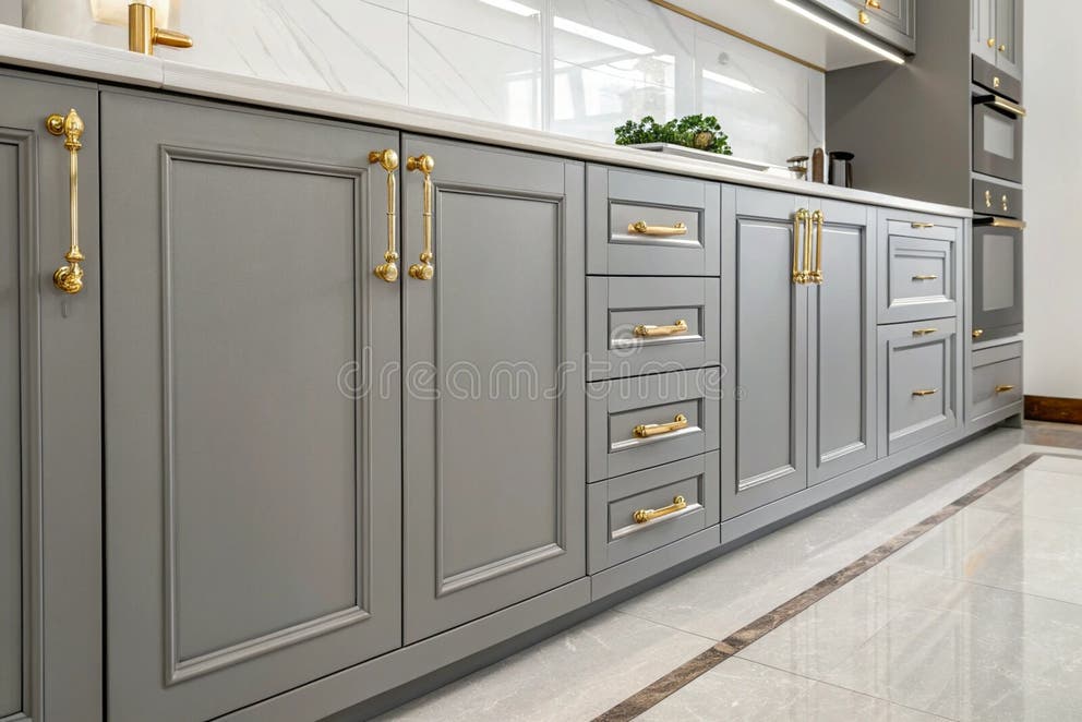 Modern Grey Kitchen with Gold Hardware Stock Illustration ...