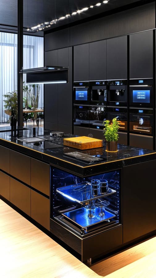 Modern Kitchen Featuring Integrated Smart Lighting and Futuristic ...