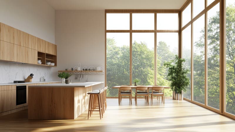 Modern Kitchen Featuring Large Windows with a View of Nature Stock ...