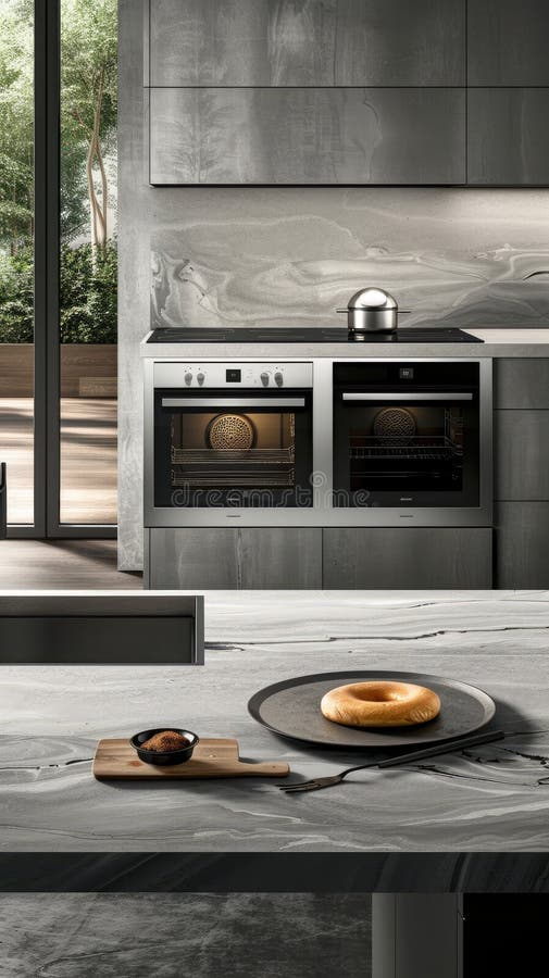 A Modern Kitchen, Featuring an Oven, a Minimalist Grey and White Color ...