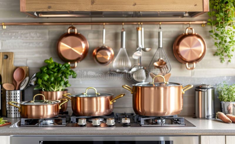 Modern Kitchen Featuring Polished Copper Cookware, Fresh Herbs, and ...