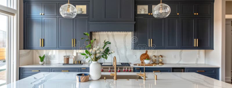 A Modern Kitchen Featuring Slate Dull Navy Cabinets, Complemented by ...